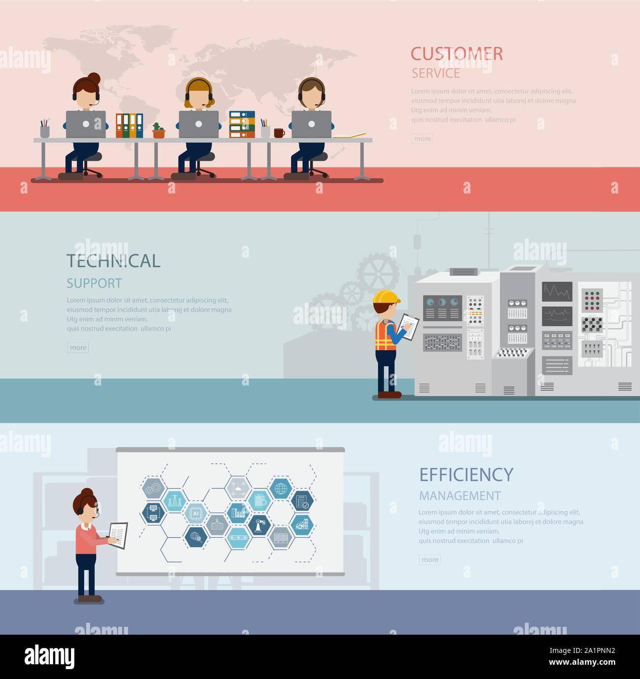 Set of customer support banners with worker in process vector ...