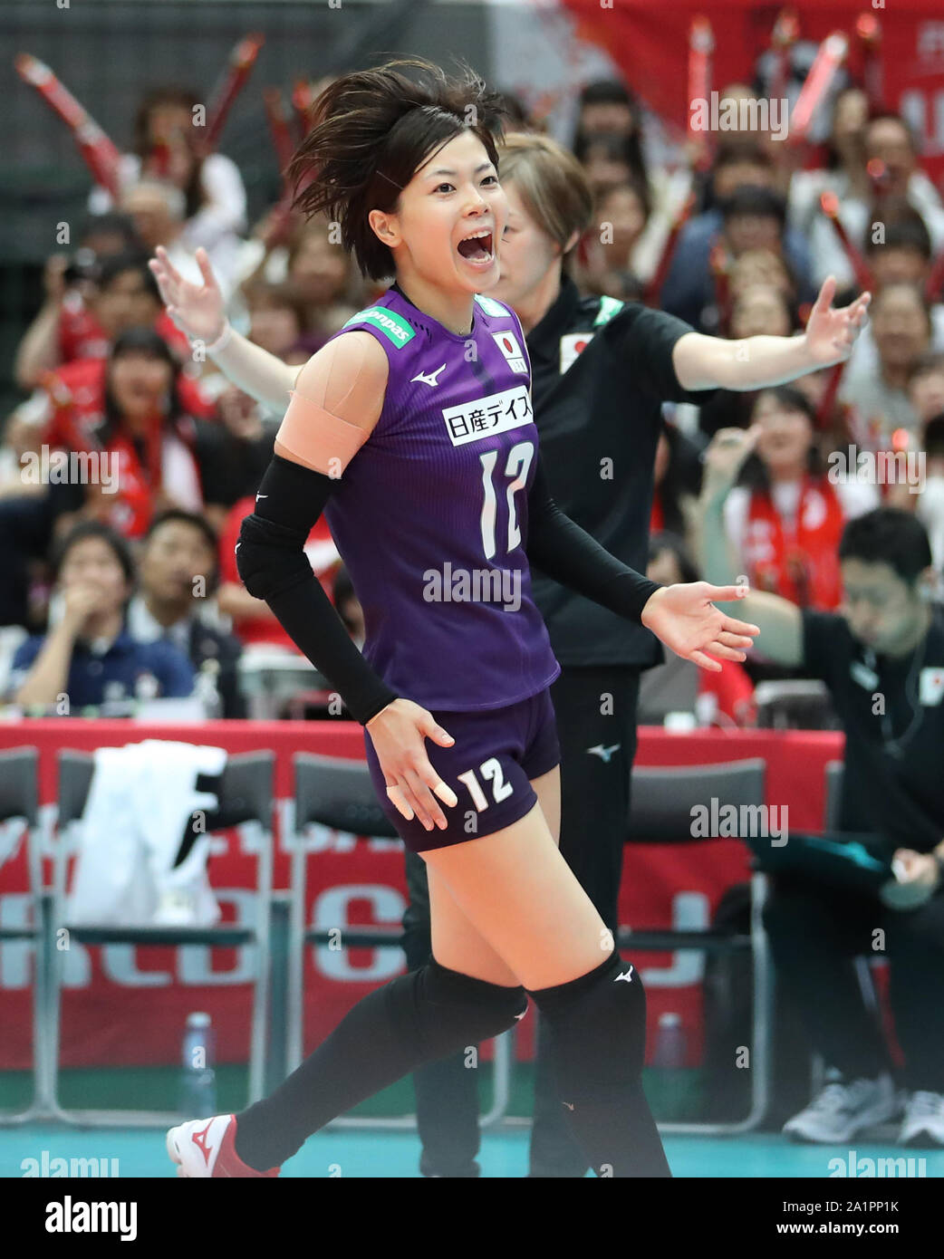 Osaka, Japan. 28th Sep, 2019. Miya Sato of Japan celebrates winning a ...