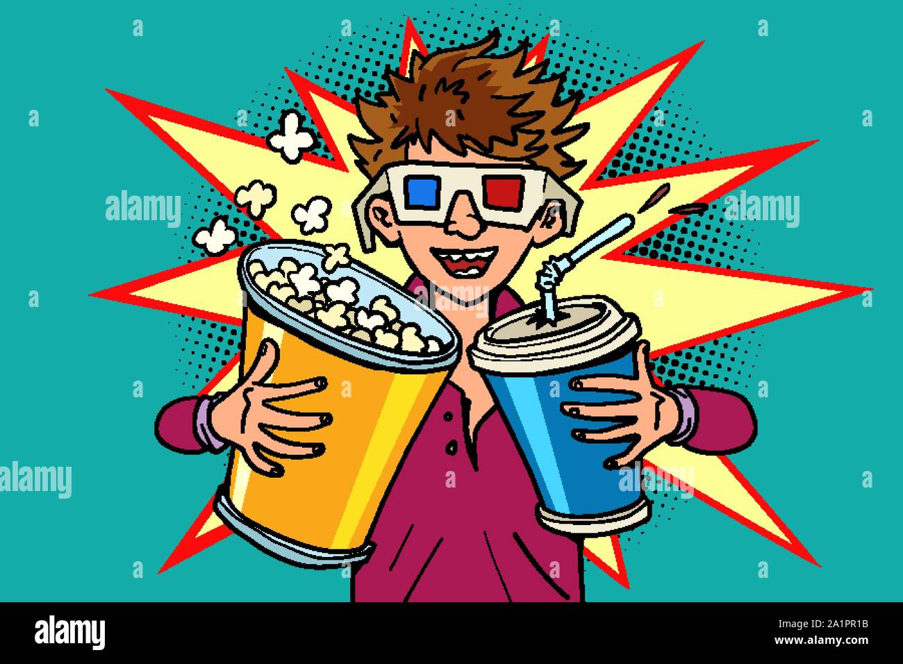 laughing boy in stereo glasses at the cinema with popcorn and cola ...