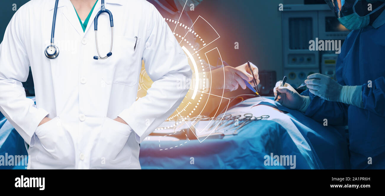 smart doctor with a stethoscope around his neck with group of surgeon ...