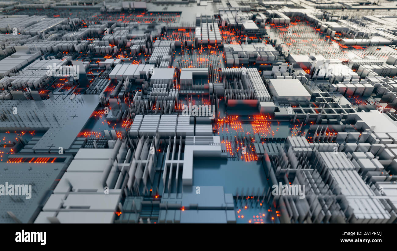 Abstract futuristic design. Tech wall with red bright elements. DOF ...