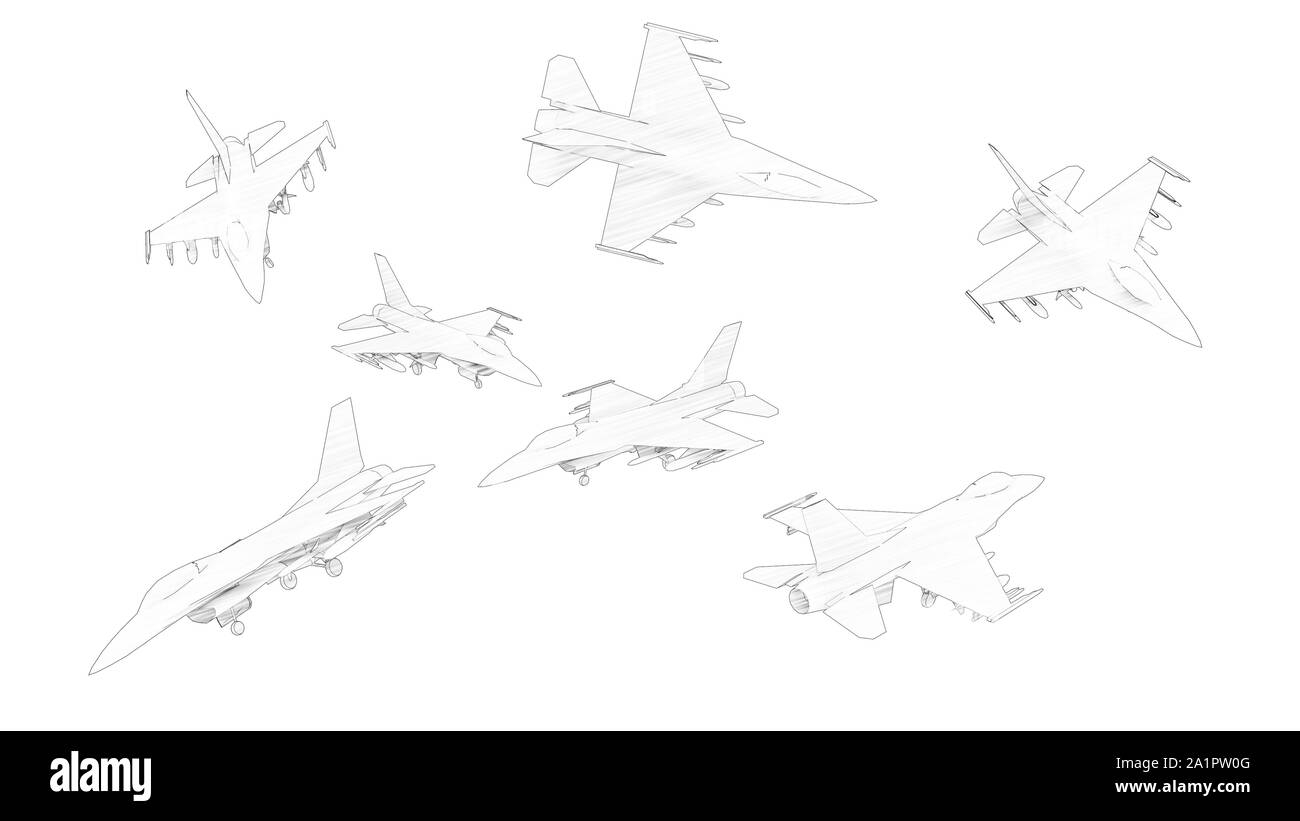 3d rendering of multiple view of a fighter jet isolated in white ...