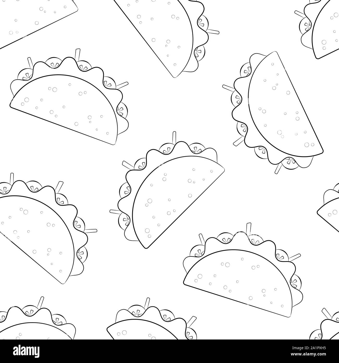 Mexican taco fastfood silhouette seamless pattern. Traditional outline ...