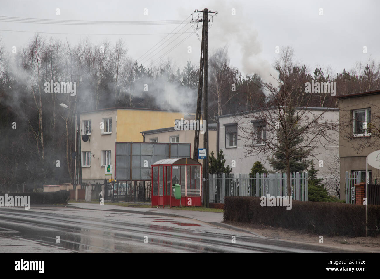 Smog in polish cities, burning coal, heating in winter, pollution ...