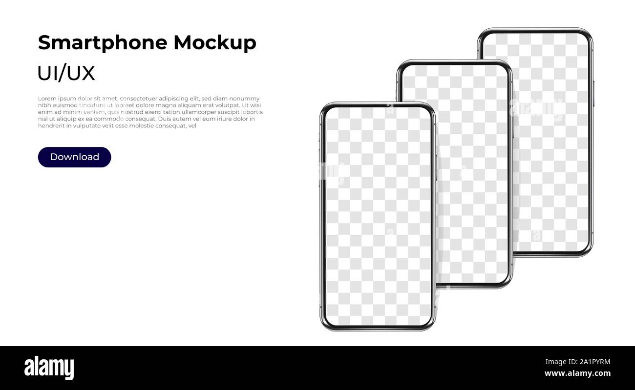 Three phones in a row realistic smartphone template mockup for user ...