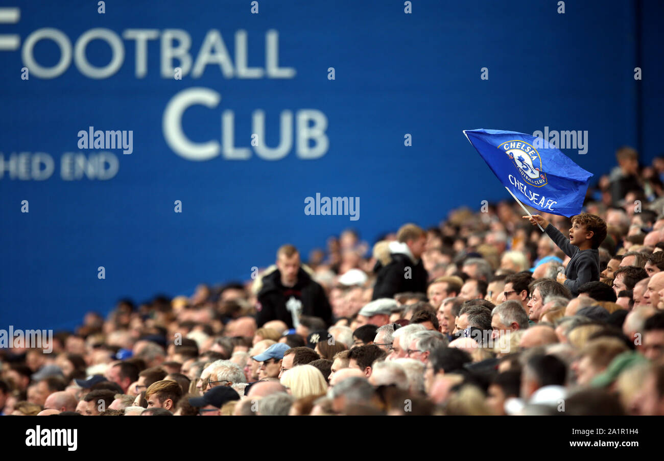 Chelsea fan waves a flag during the Premier League match at Stamford ...