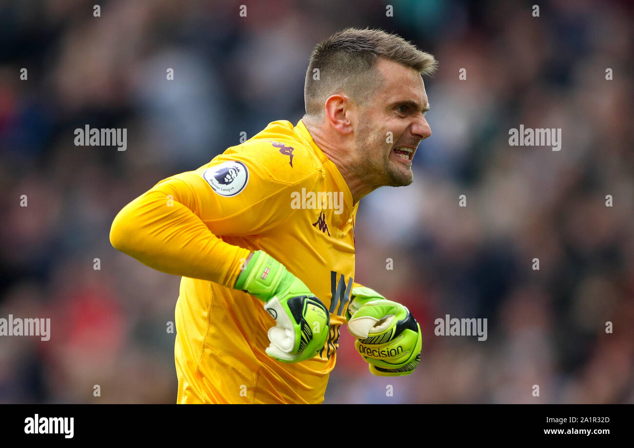 Aston Villa goalkeeper Tom Heaton reacts during the Premier League ...