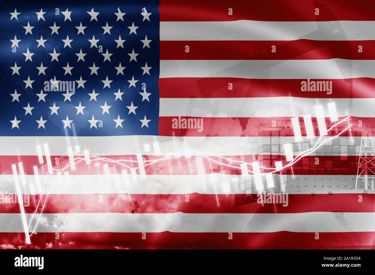 USA flag, stock market, exchange economy and Trade, oil production ...