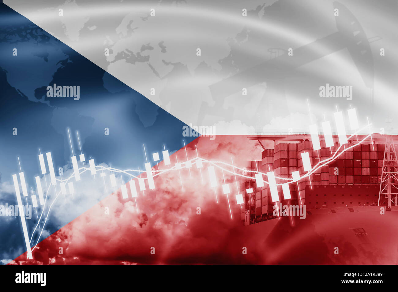 Czech Republic flag, stock market, exchange economy and Trade, oil production, container ship in ...