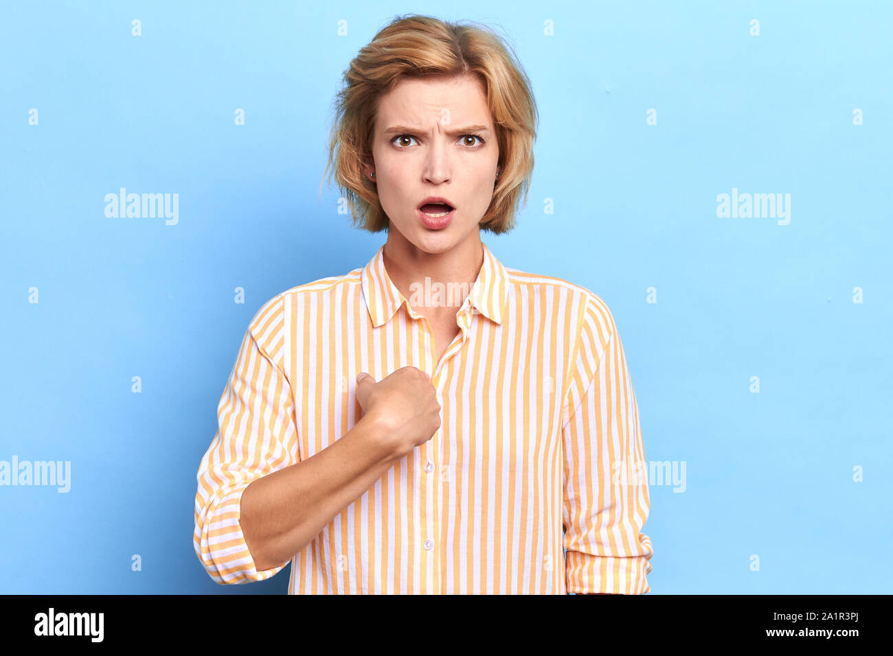 Portrait of angry confused displeased unhappy annoyed young woman ...