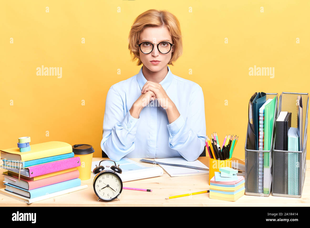 unhappy sad strict boss waiting her colleagues who was late, close up ...
