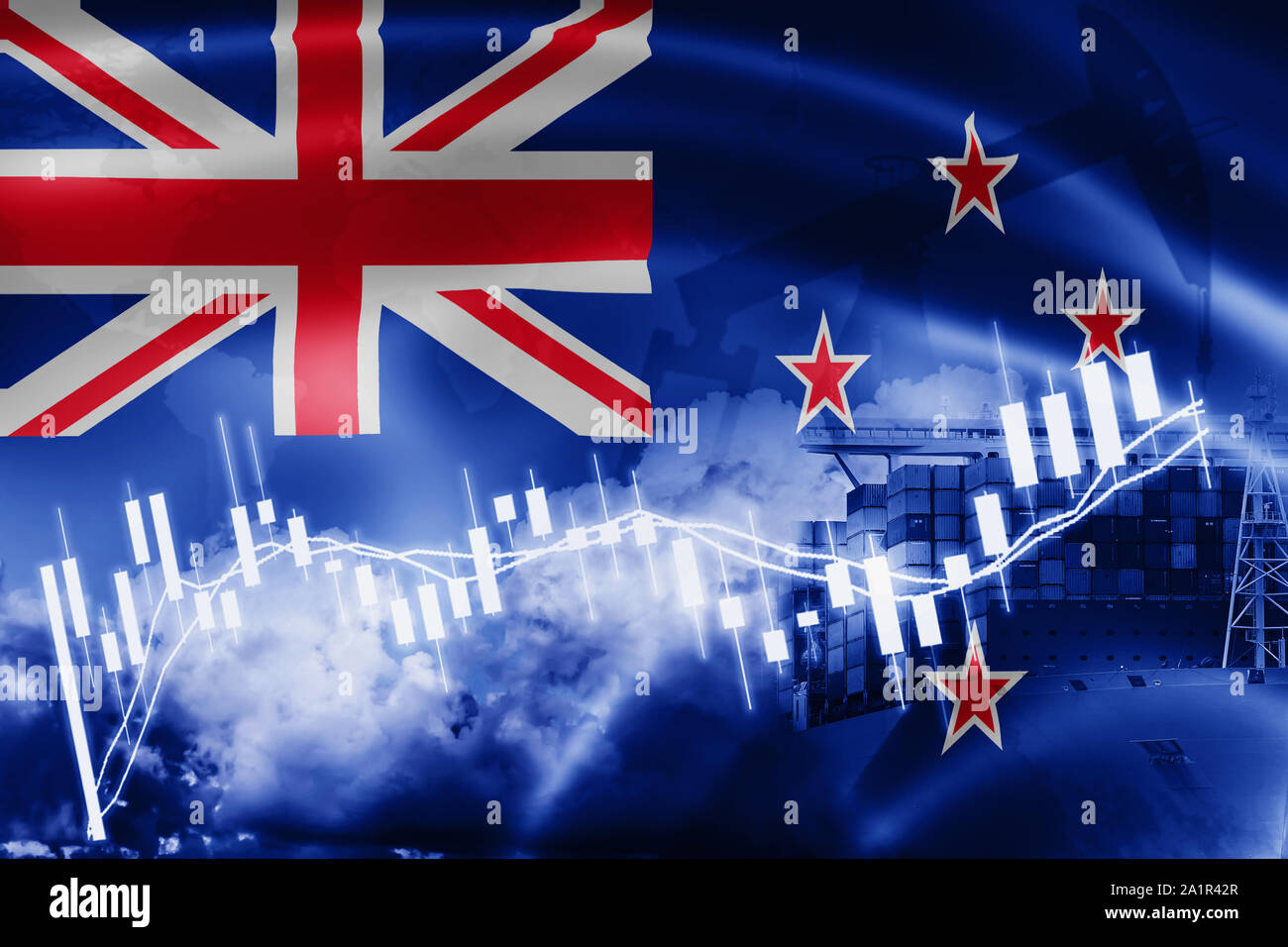 New Zealand flag, stock market, exchange economy and Trade, oil ...