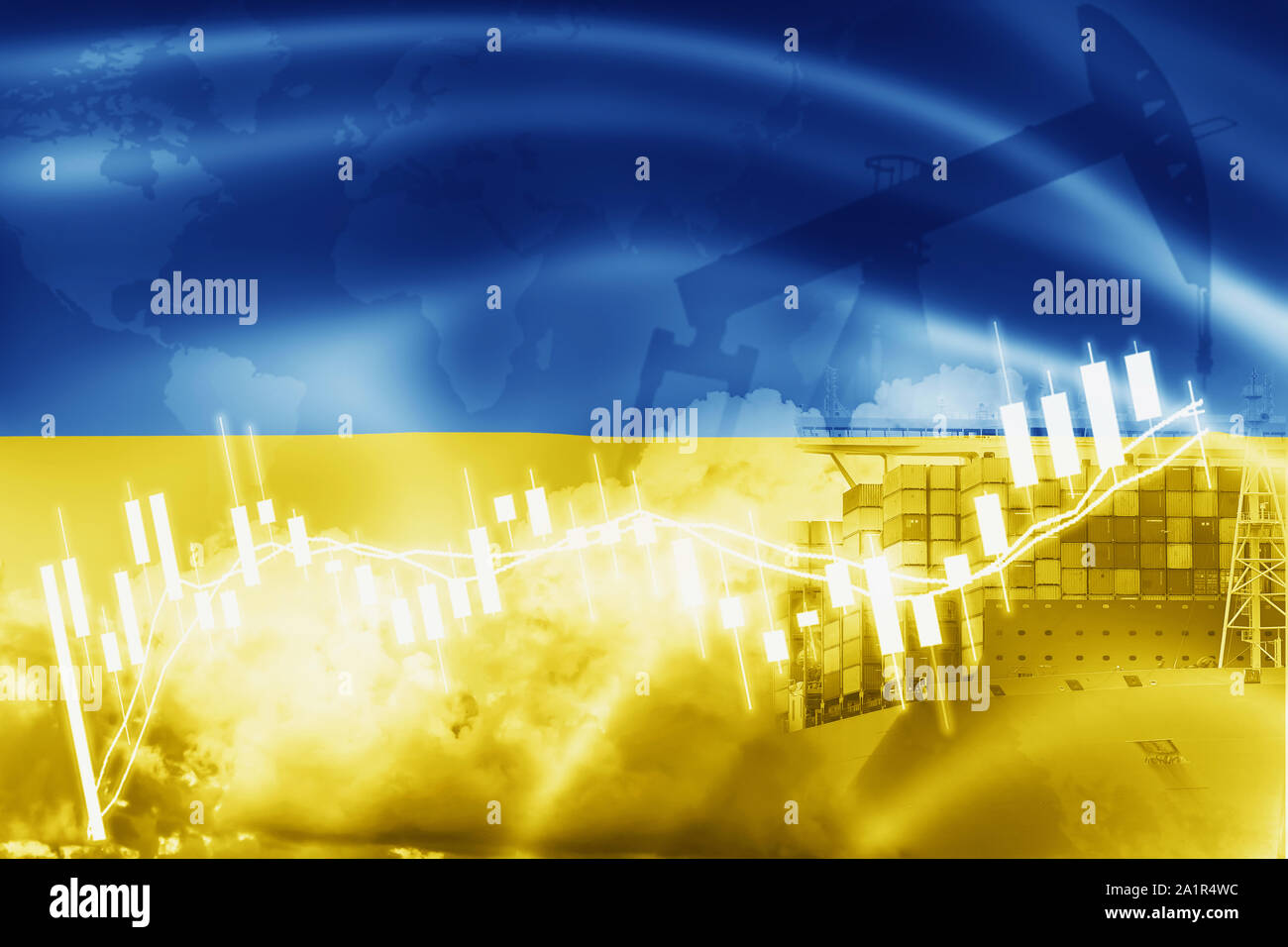 Ukraine flag, stock market, exchange economy and Trade, oil production ...