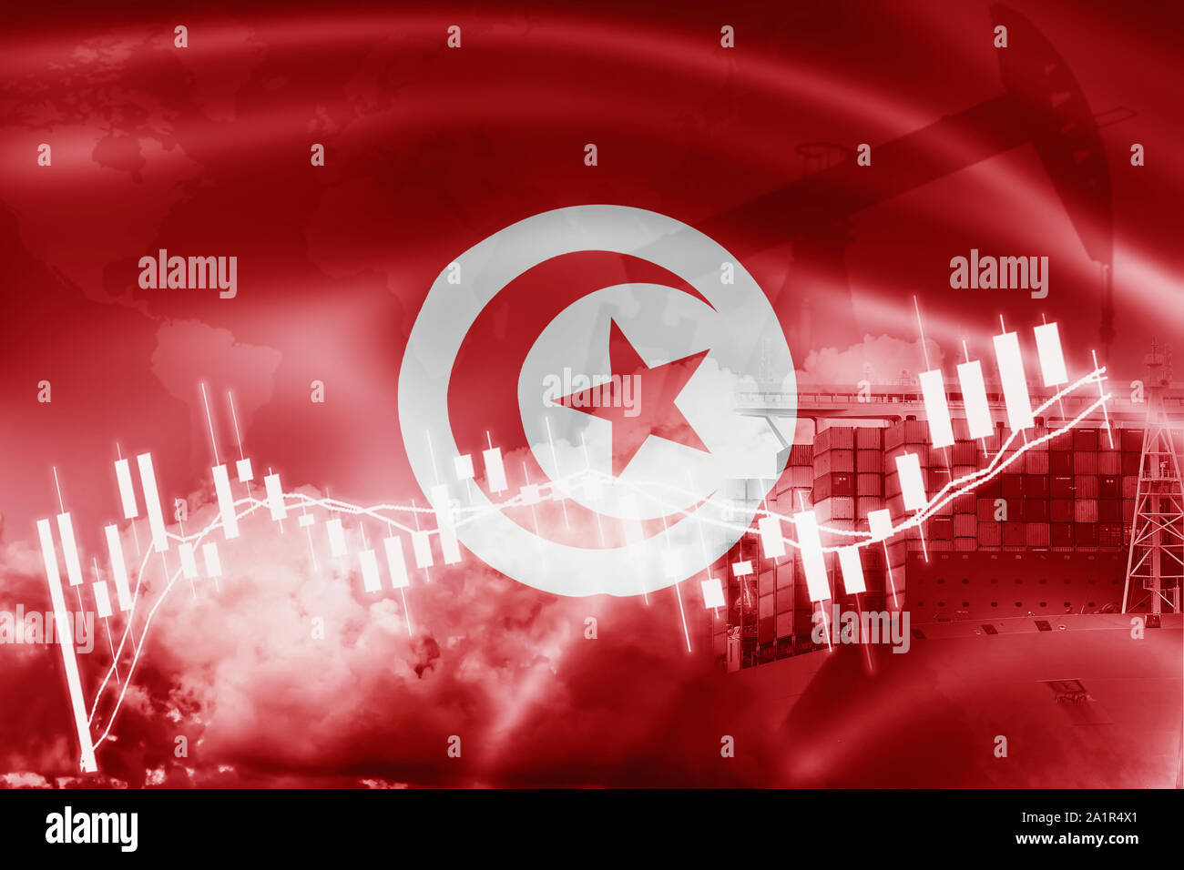 Tunisia flag, stock market, exchange economy and Trade, oil production ...