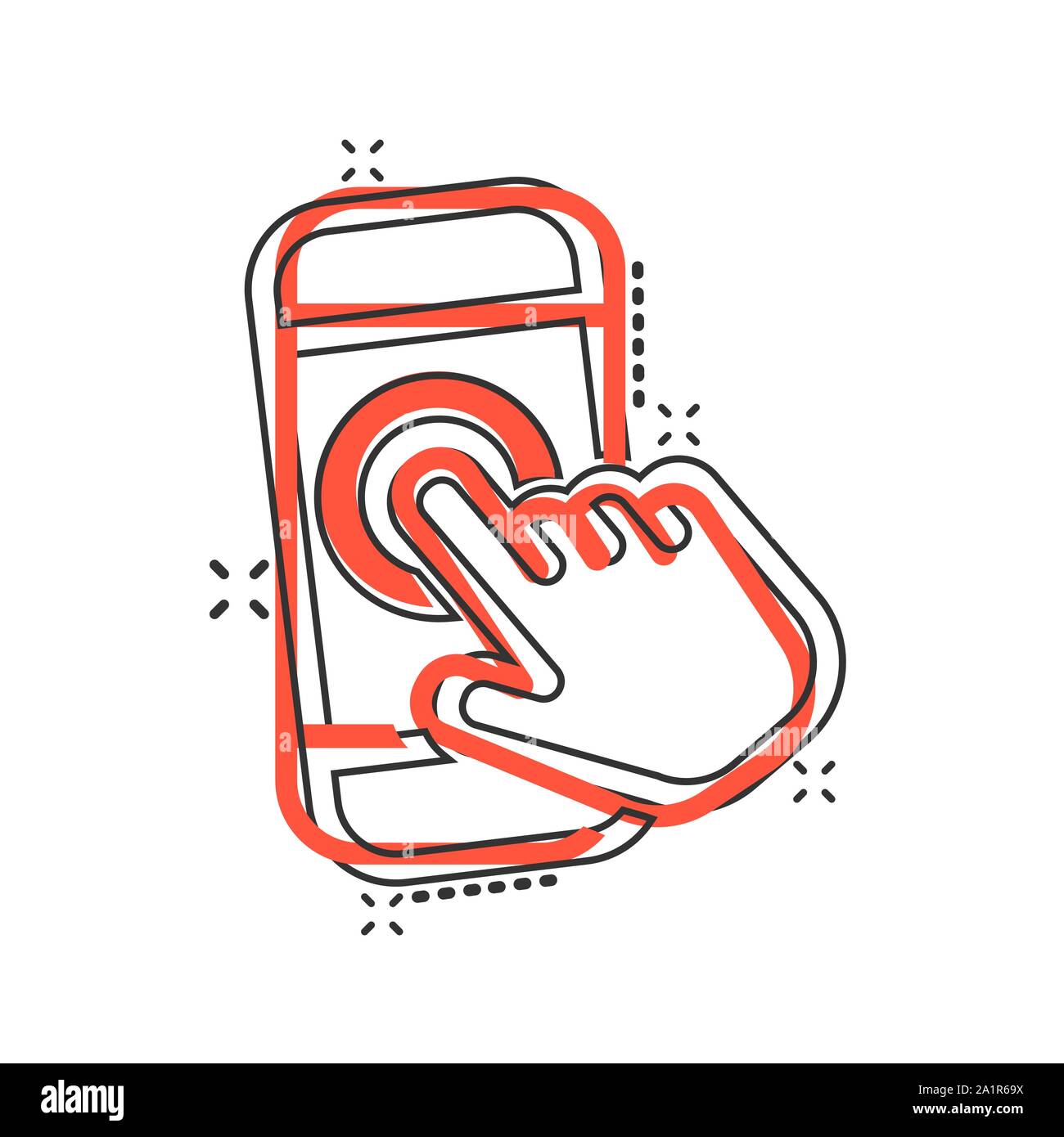 Hand touch smartphone icon in comic style. Phone finger vector cartoon ...