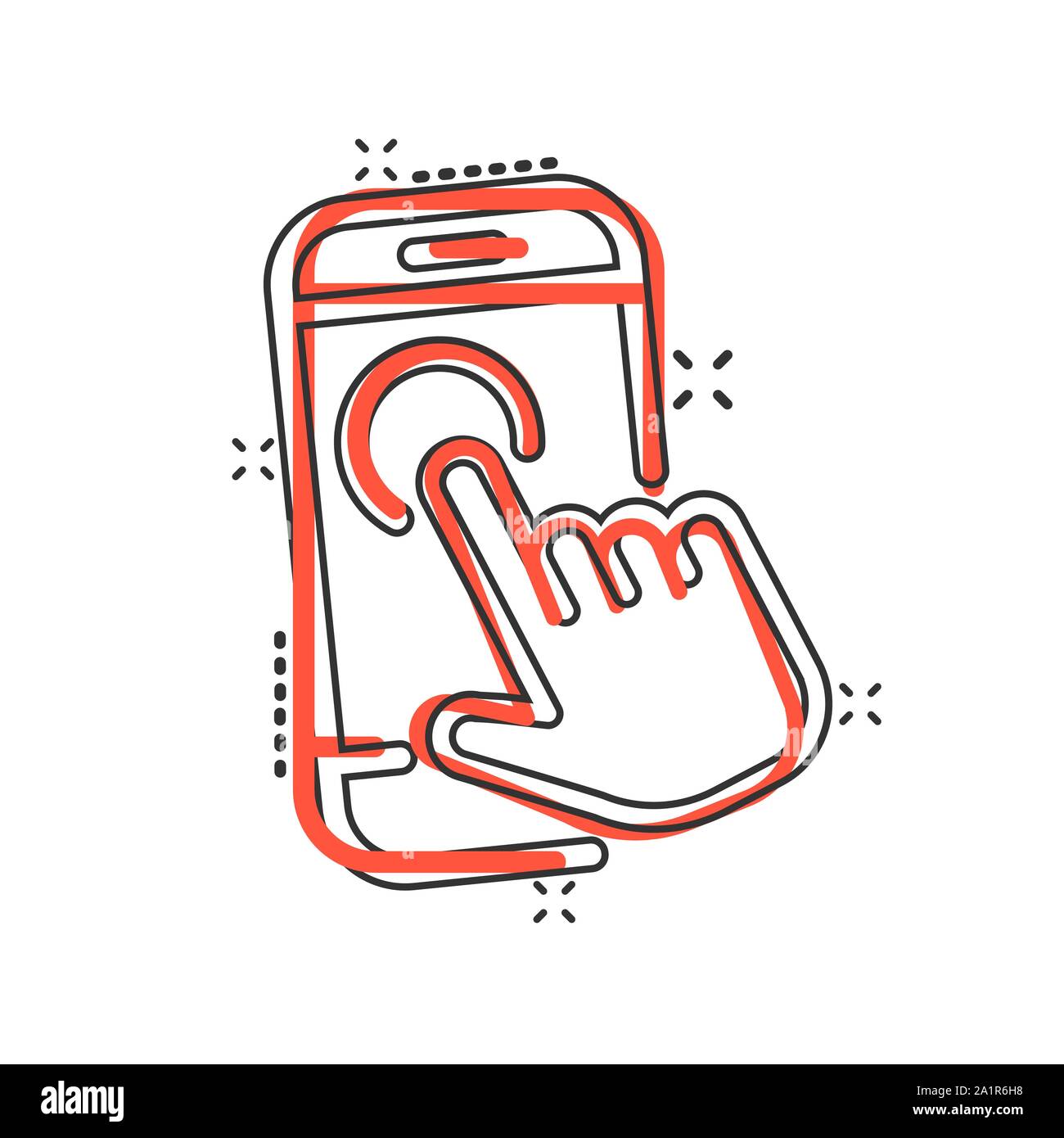Hand touch smartphone icon in comic style. Phone finger vector cartoon ...