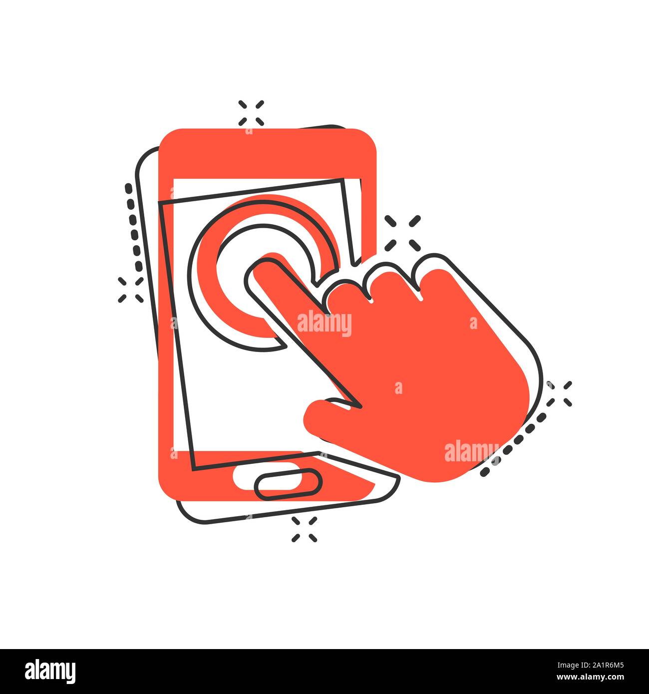 Hand touch smartphone icon in comic style. Phone finger vector cartoon ...