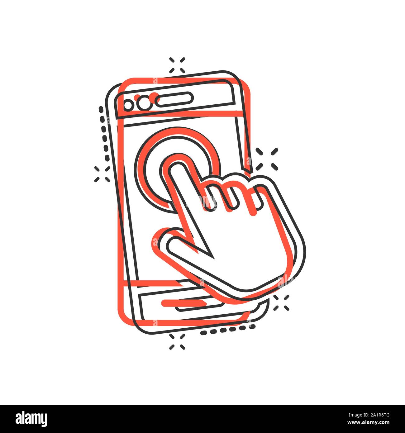 Hand touch smartphone icon in comic style. Phone finger vector cartoon ...