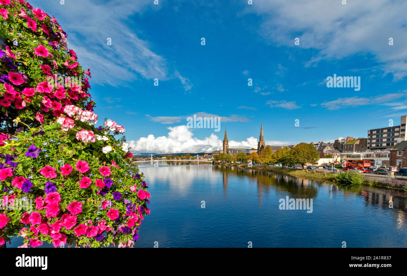 INVERNESS CITY SCOTLAND LOOKING DOWN RIVER FROM NESS BRIDGE PAST ...