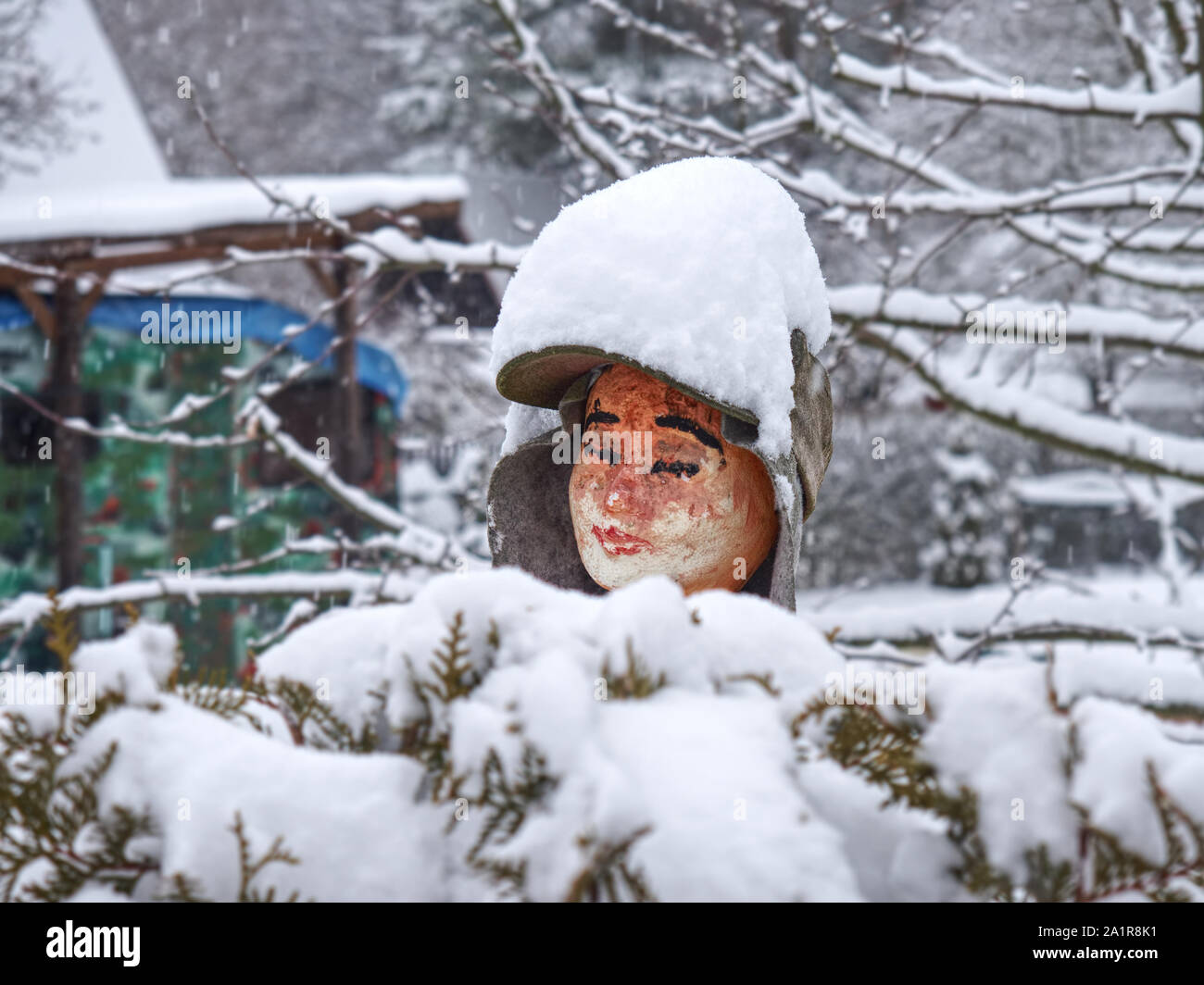 Crazy scary mask. A cut off head on the fence like a house keeper ...