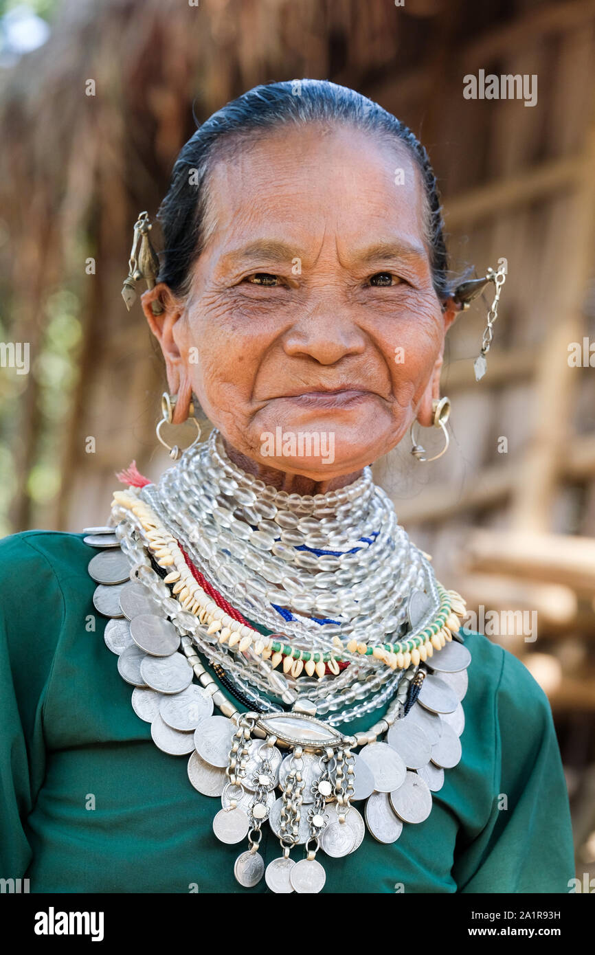 Woman from the Reang tribe wears traditional necklaces. Gumsing Village ...