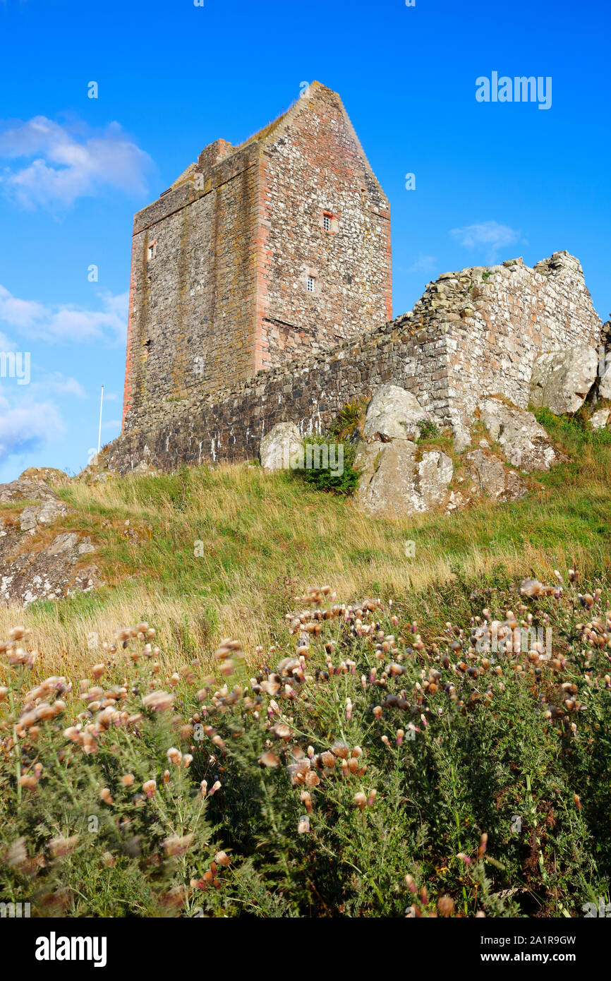 Smailholm Tower bathed in evening light with blue sky backdrop ...