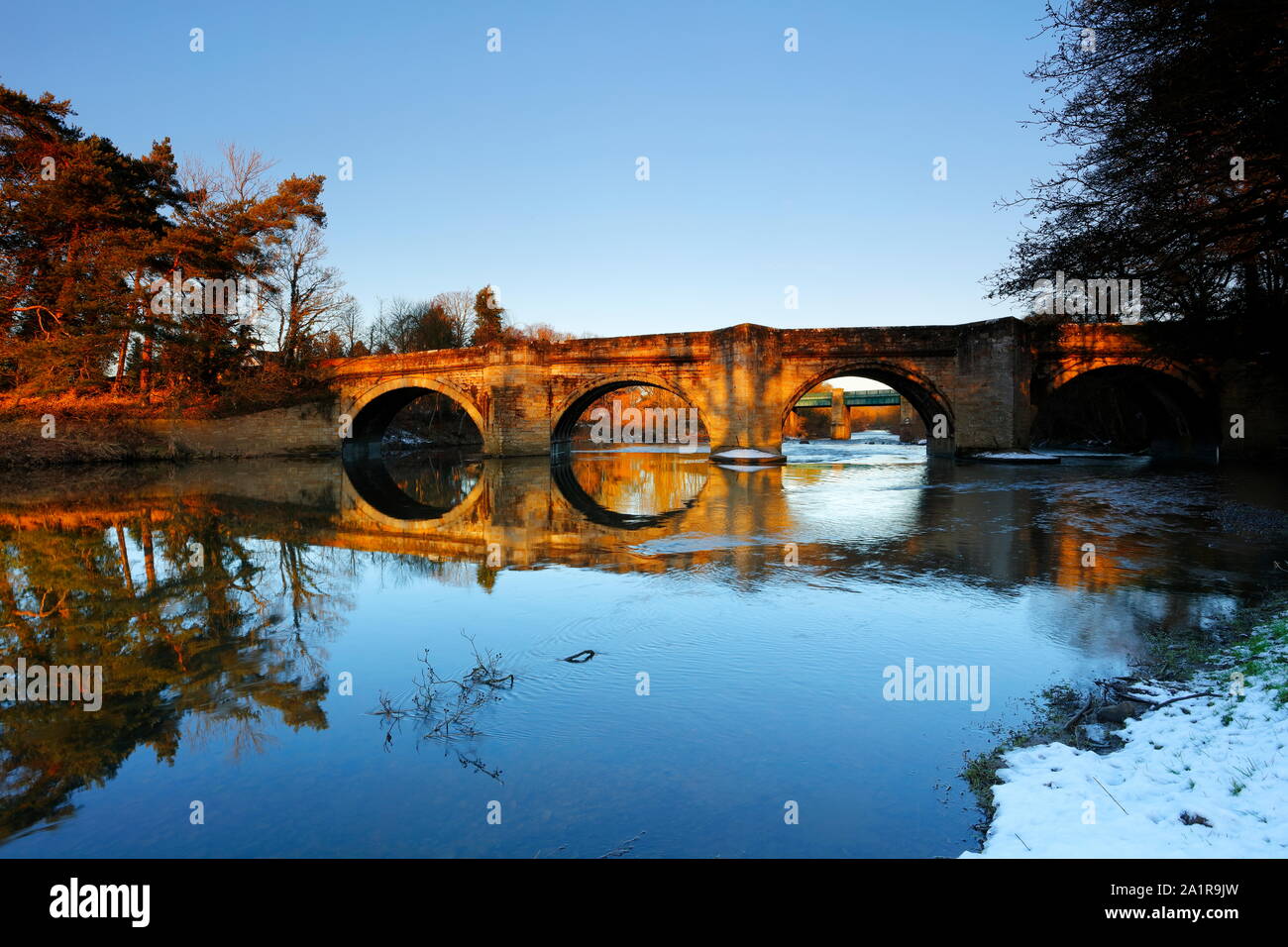 Winter light shining on Sunderland Bridge and the River Wear at ...