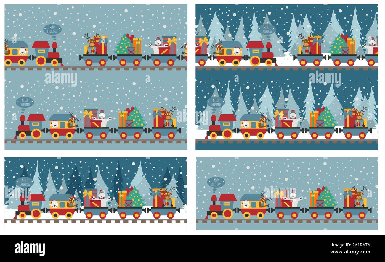 Christmas train with bear, reindeer, gifts. Seamless pattern for ...