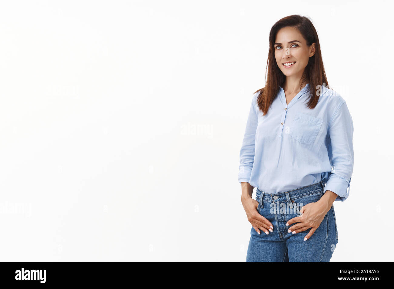 Confident good-looking female wife launch start-up, hold hands jeans ...