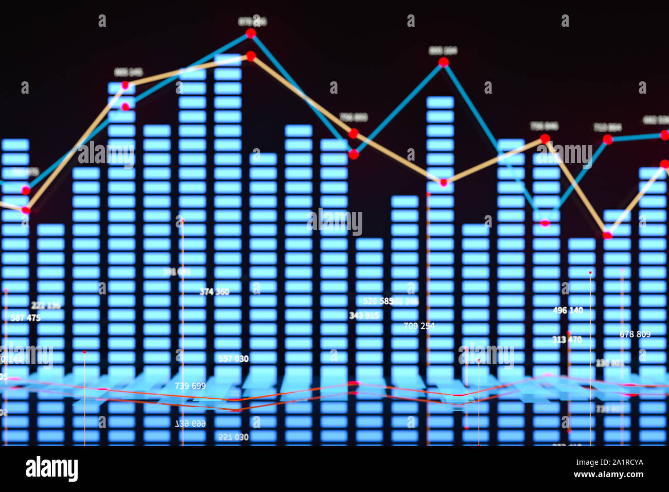 Business chart with line graph, bar chart and numbers on dark ...