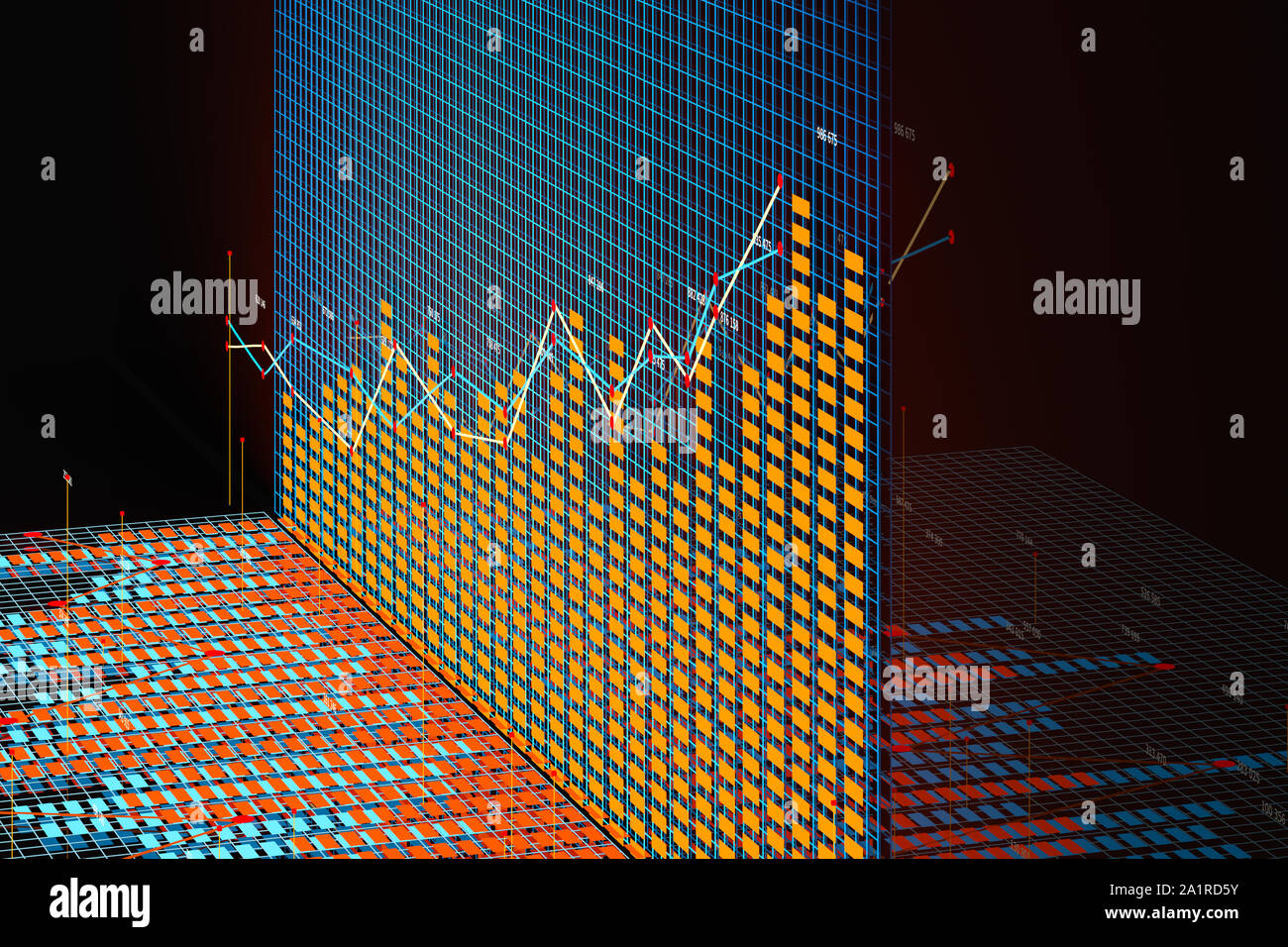 Business chart with line graph, bar chart and numbers on dark ...