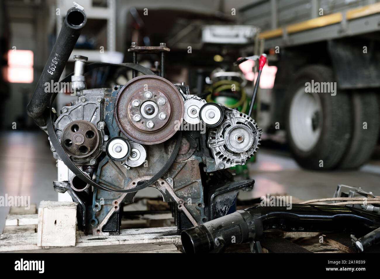 Part of mechanism or engine of large automobile inside technical repair ...