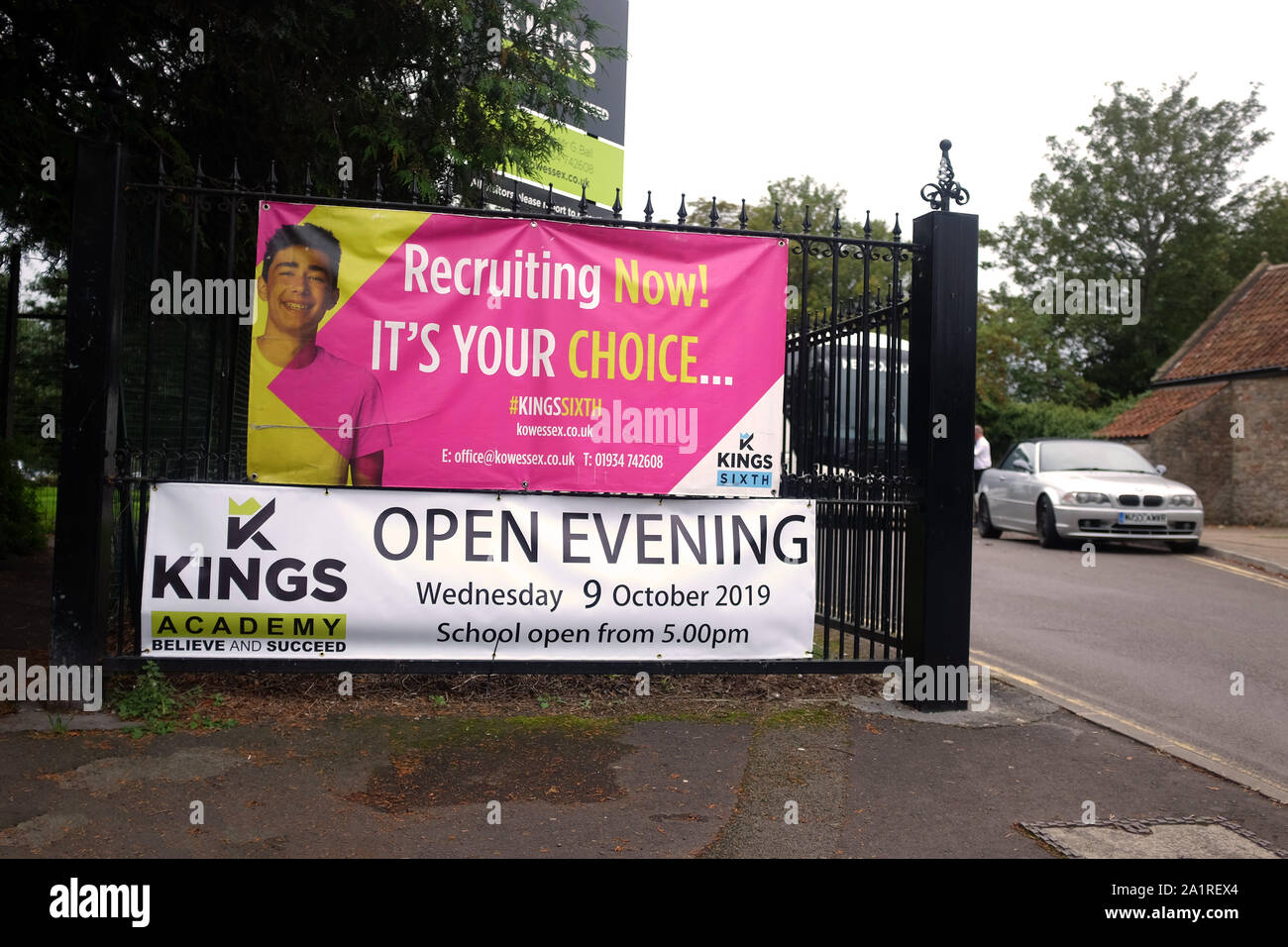 September 2019 - School open evening banner sign at the Kings of Wessex ...
