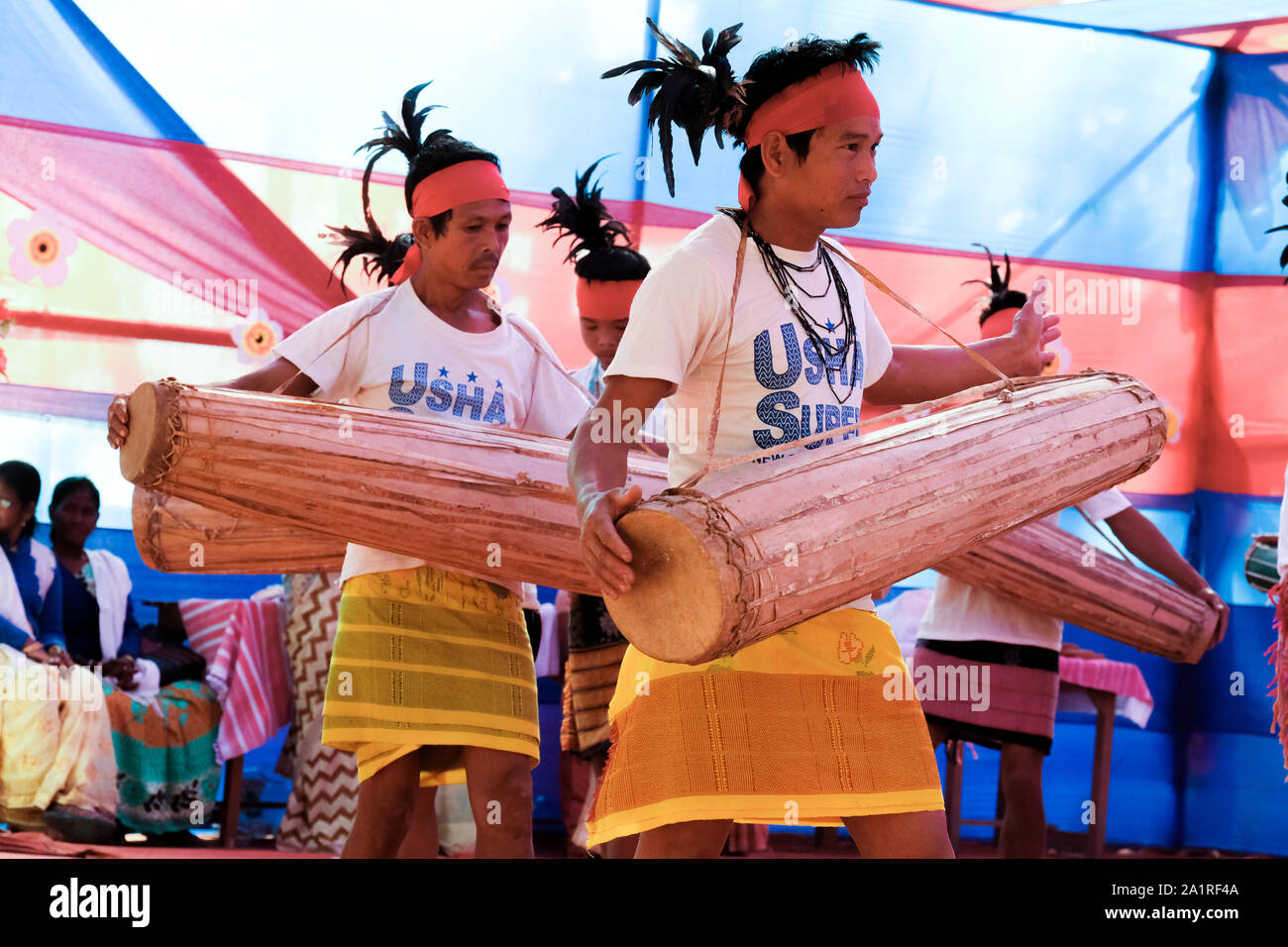 Indian adivasi dancers at an event in the village of Balipara. Assam ...
