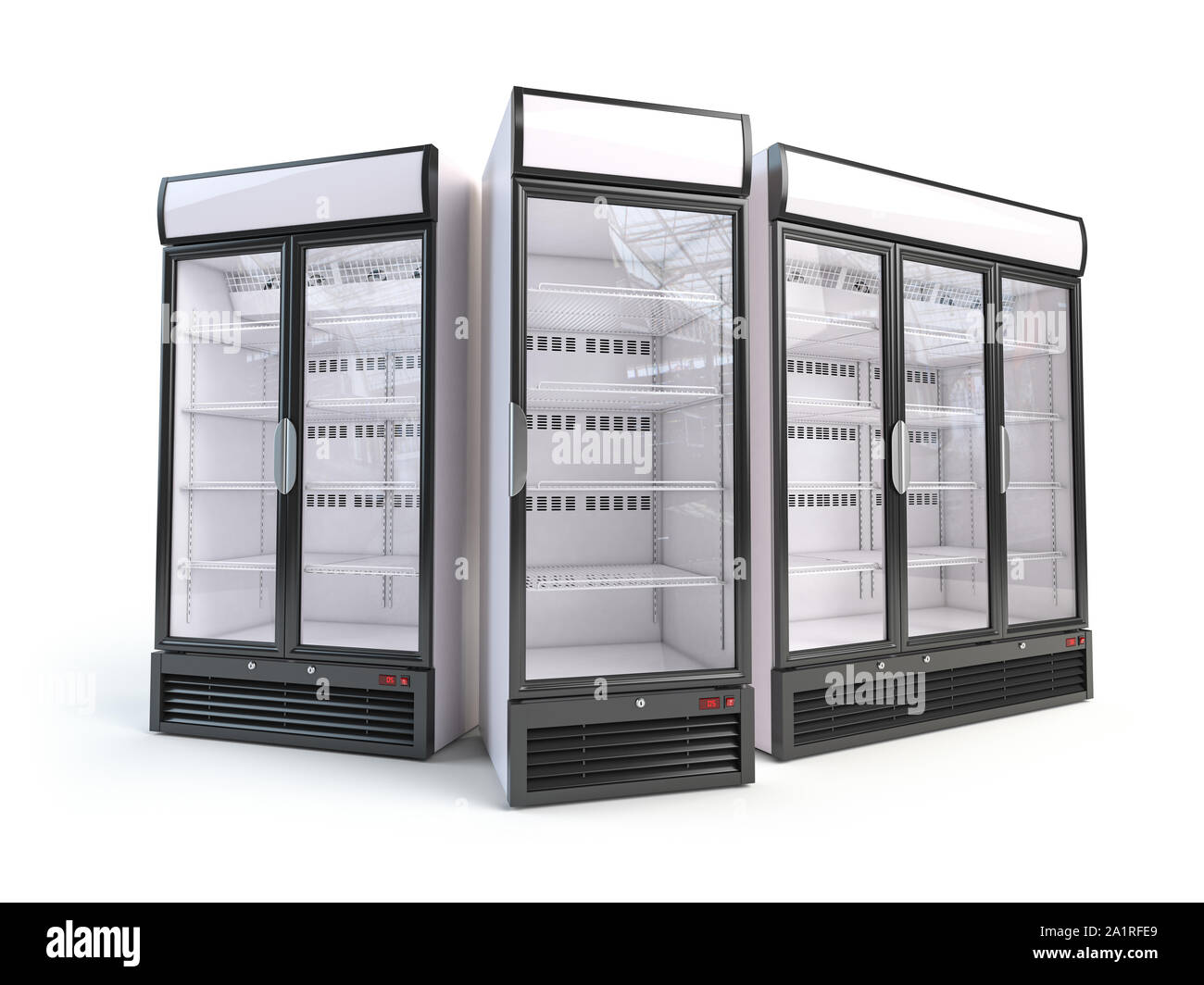 Set of different empty showcase refrigerators. Fridges with glass door ...
