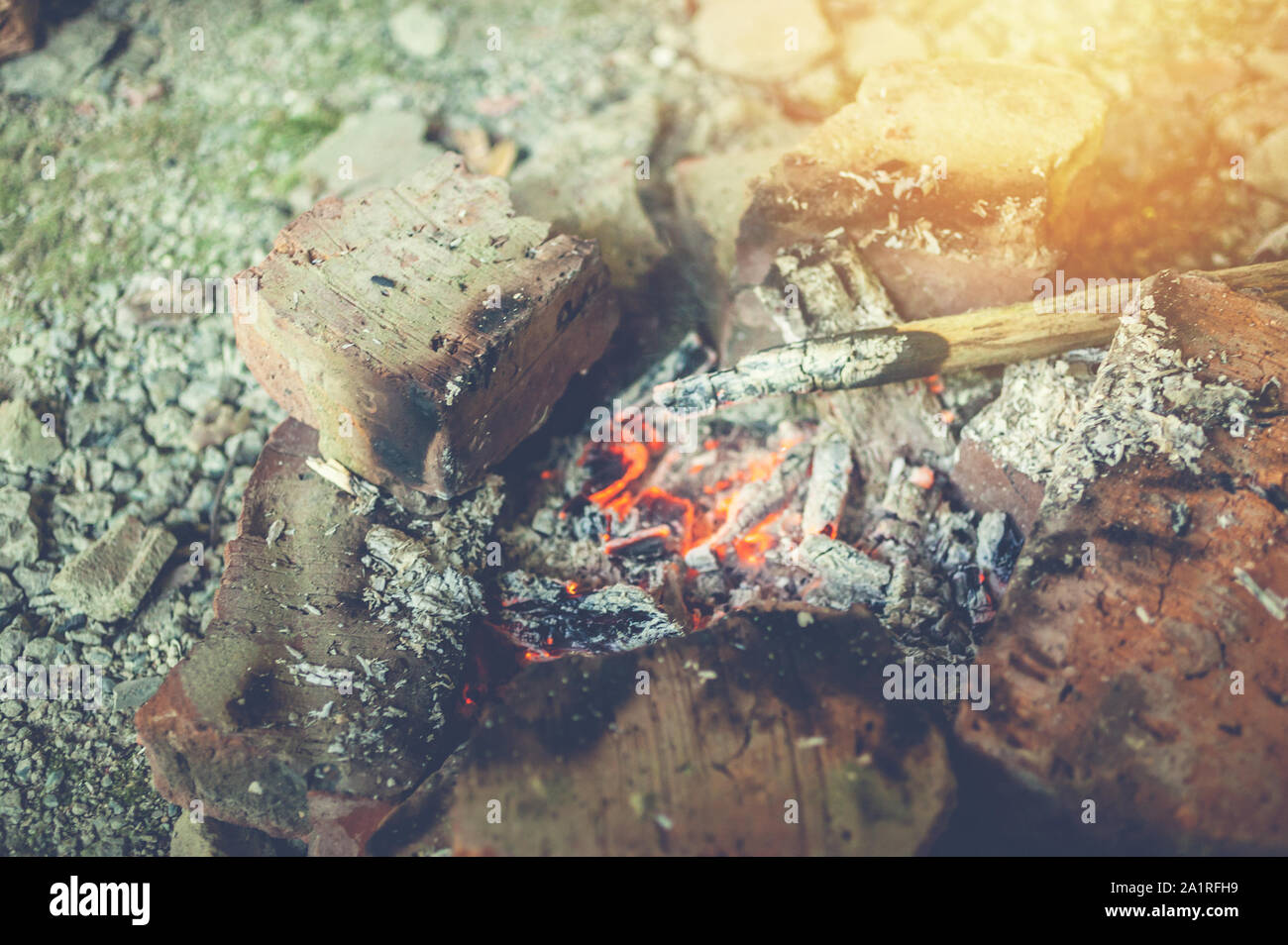 Coals from the fire. A bonfire burned in an old abandoned building ...