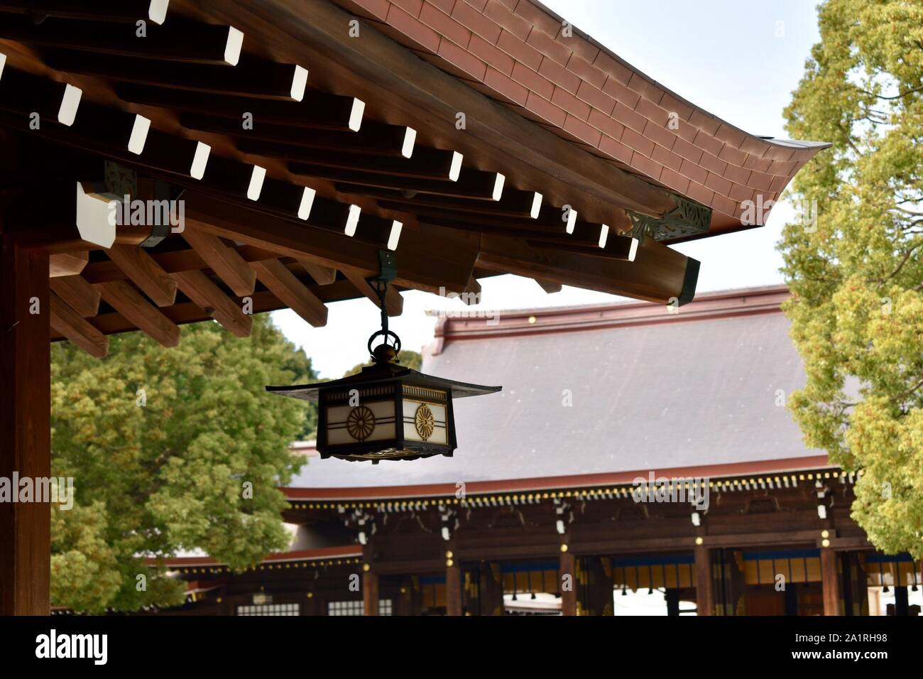 Beautiful lamp hanging on wooden construction in buildings of shrine ...