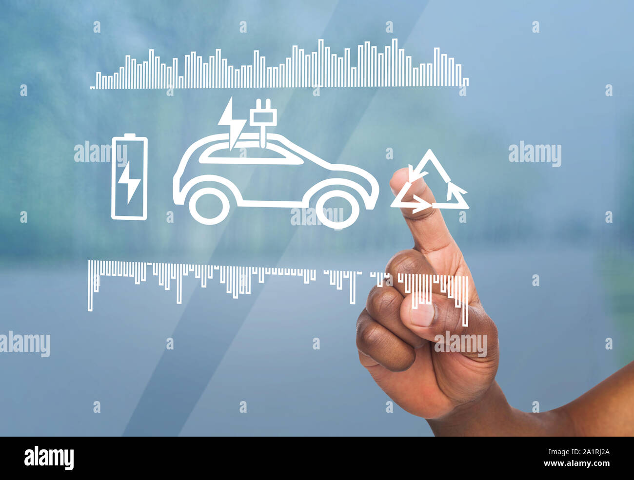 Black man pushing renewable energy button on virtual car scheme Stock ...