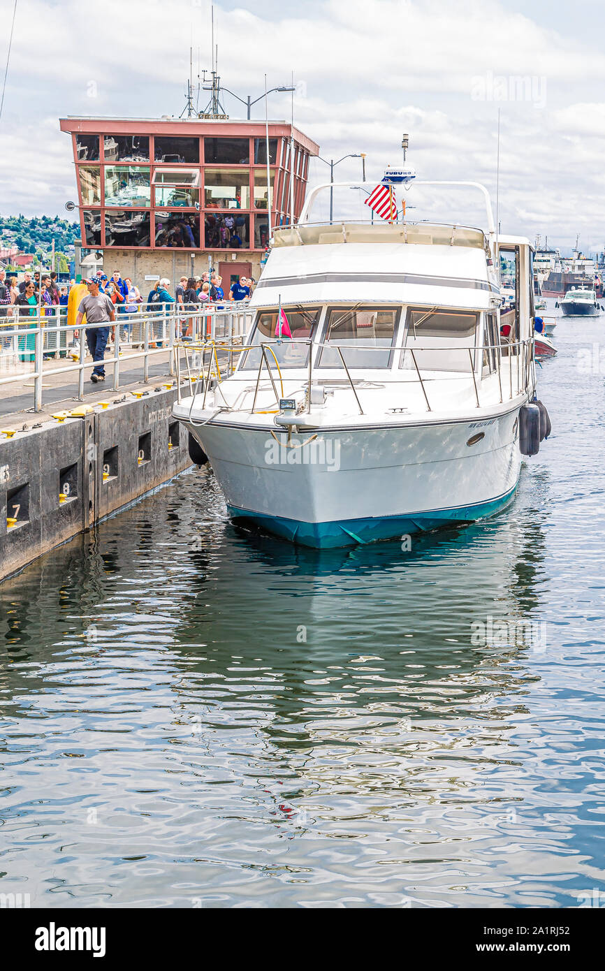 SEATTLE, WASHINGTON - July 4, 2019: The Ballard Locks, is a complex of ...