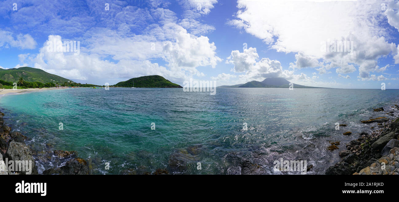 Day view of the Nevis Peak volcano across the water from St Kitts Stock ...