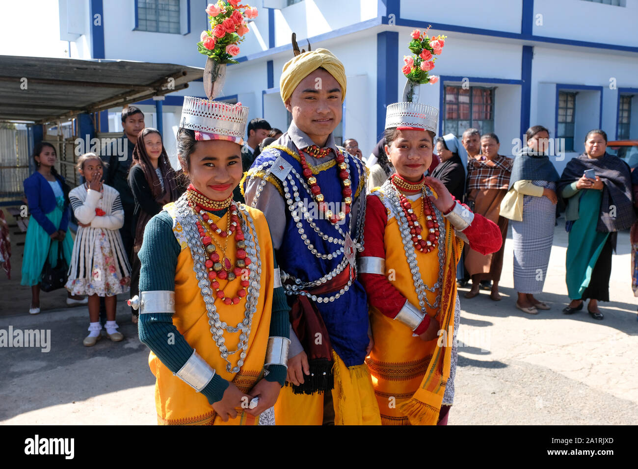 traditionally dressed young people in the village Mairang. State of ...
