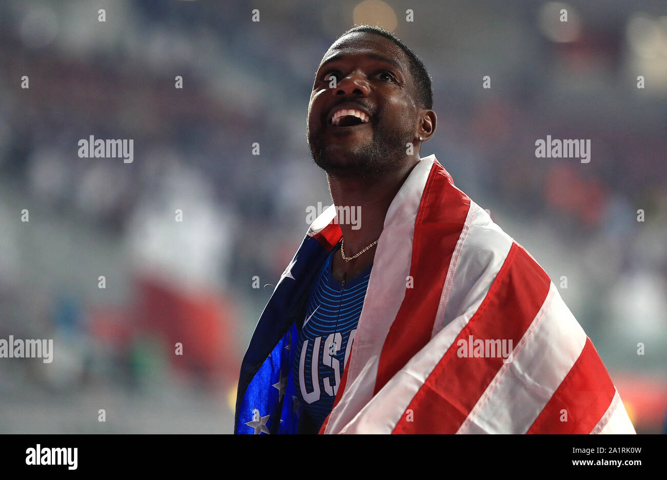 USA's Justin Gatlin celebrates after taking second place in the Men's ...