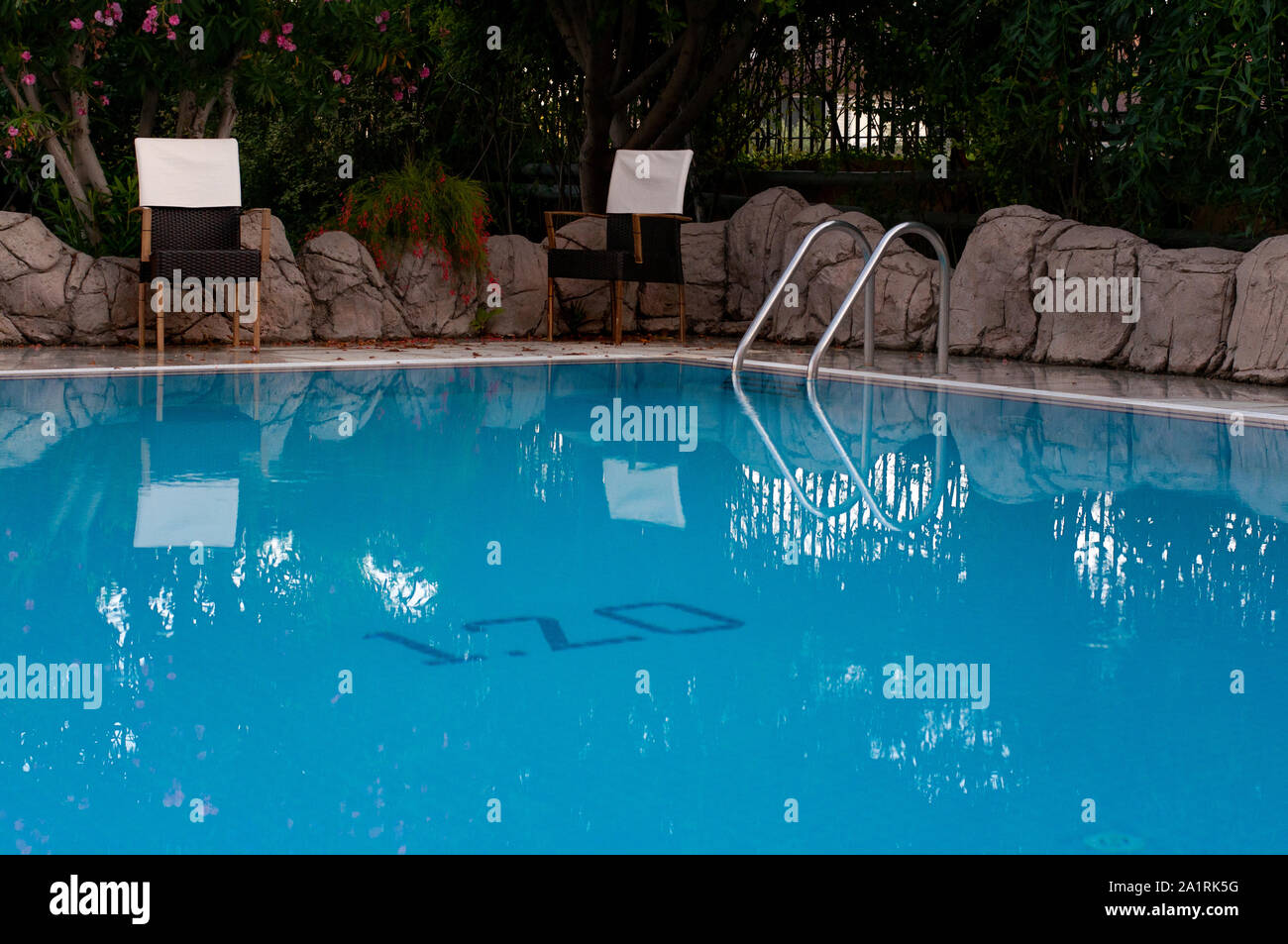 A full pool indicating the depth on the tile below the surface of the ...