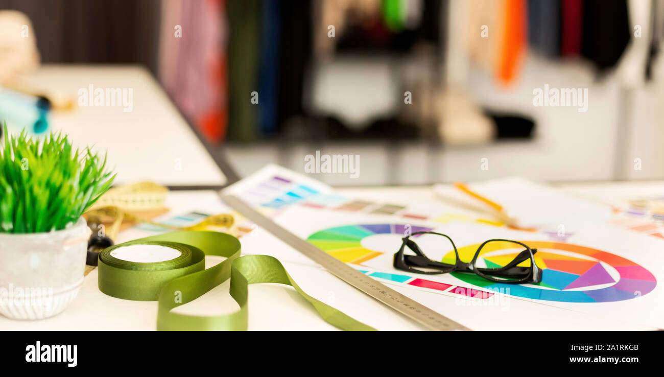 Clothing Designer's Workplace Background With Sewing Tools Stock Photo ...