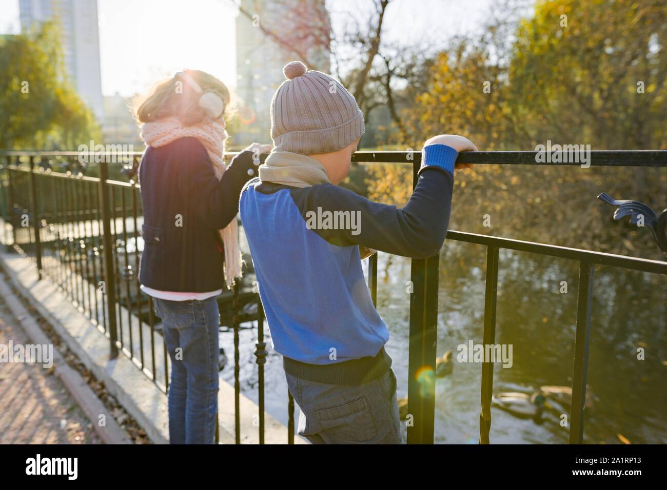 Children boy and girl standing backs on bridge, looking at ducks, sunny ...