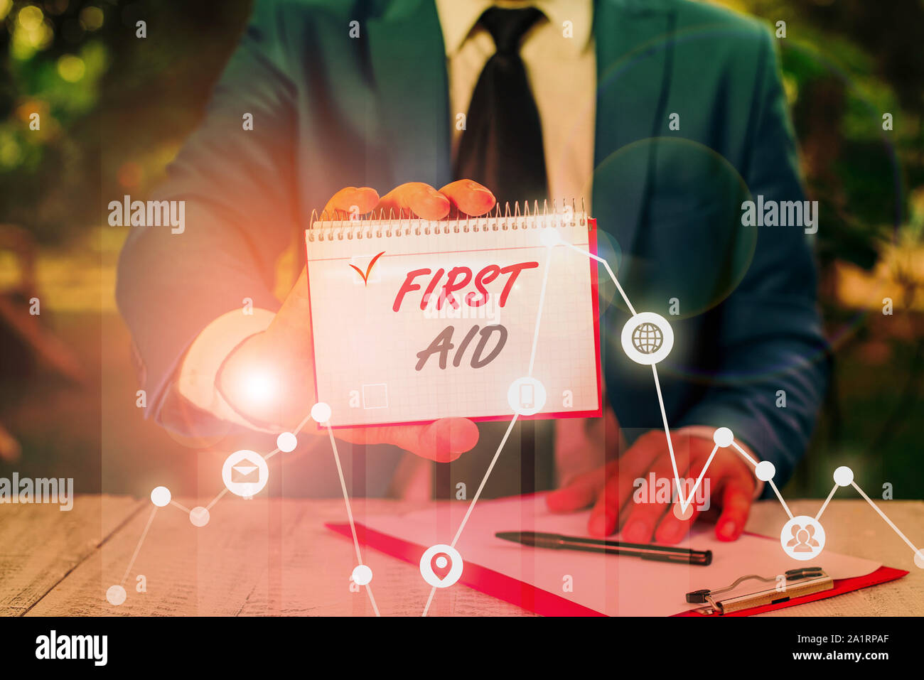 Writing note showing First Aid. Business concept for Practise of ...
