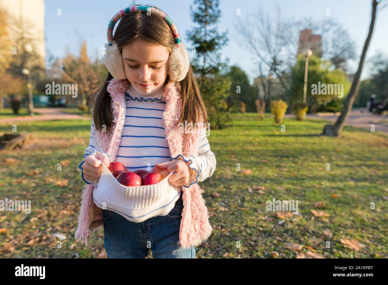 Harvesting, little beautiful girl with apples in autumn park, golden ...