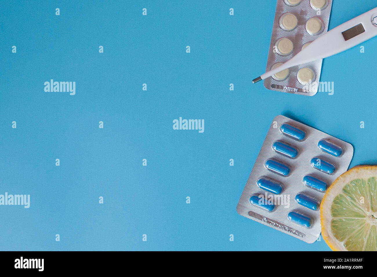 Medications, pills, thermometer, traditional medicine for treating ...