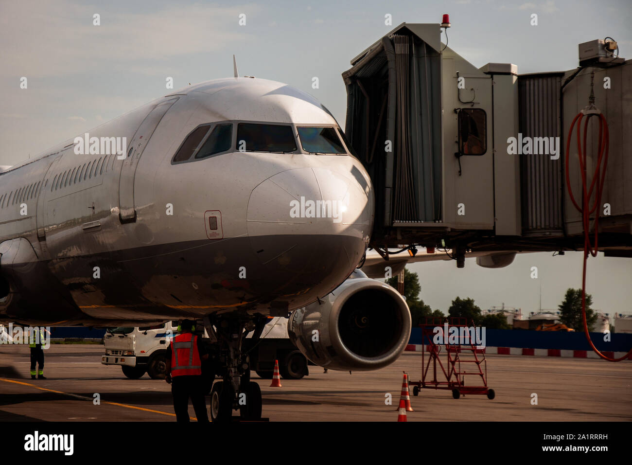 Teletrap connected to the aircraft. The telescopic ladder is connected ...