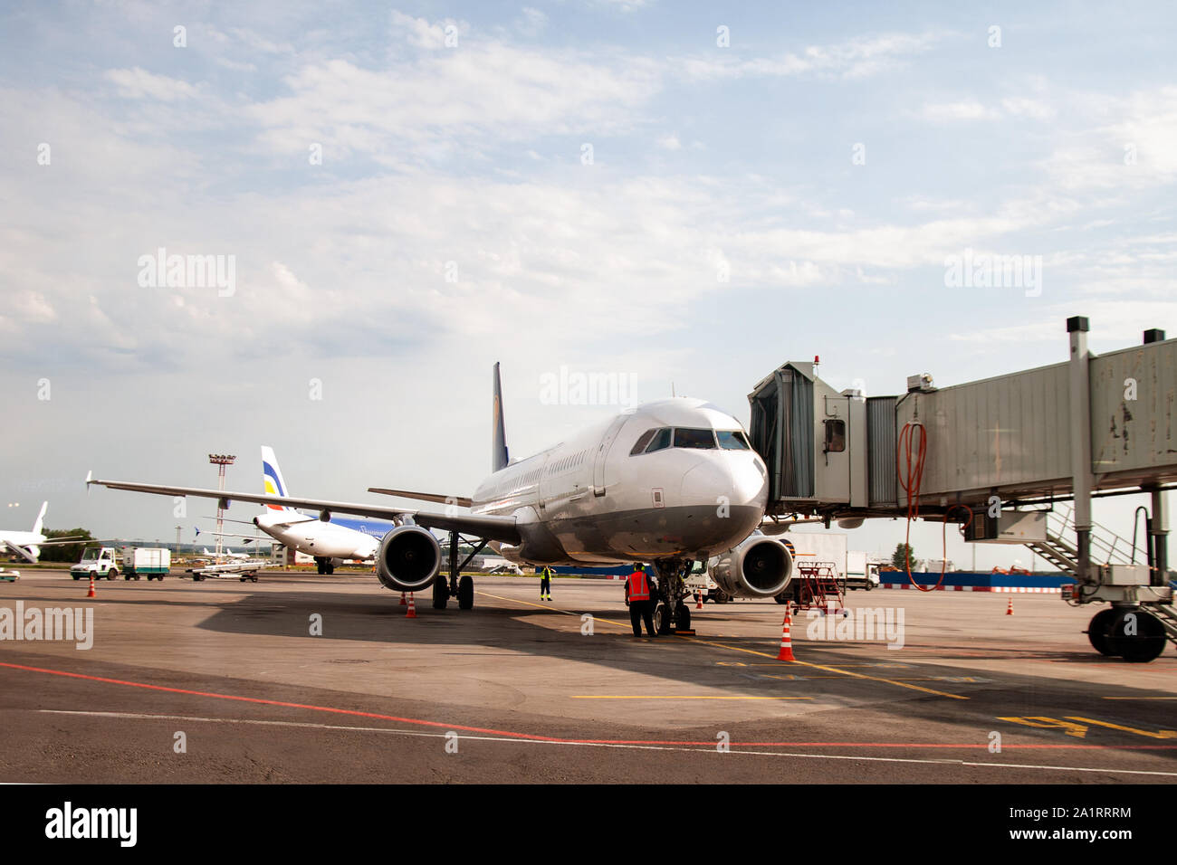 Teletrap connected to the aircraft. The telescopic ladder is connected ...